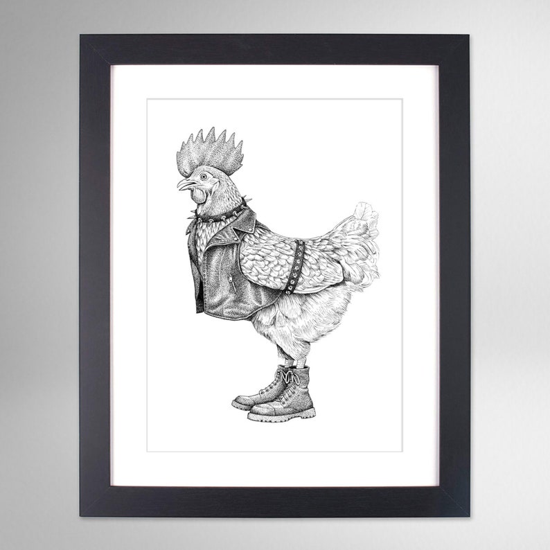 Punk Rock Chicken Pen and Ink Print Funny Animal and Nature - Etsy