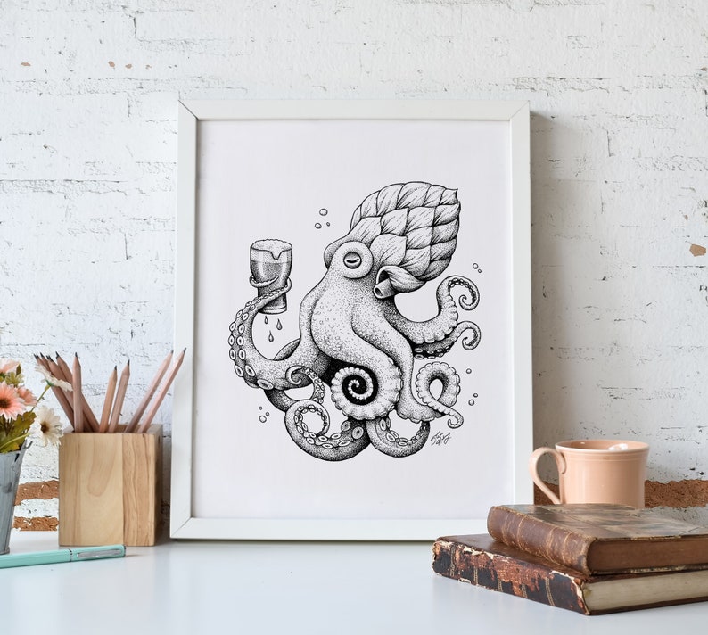 Octopus Drinking Beer Print, Funny Animal Art, Brewery Decor, Quirky ...