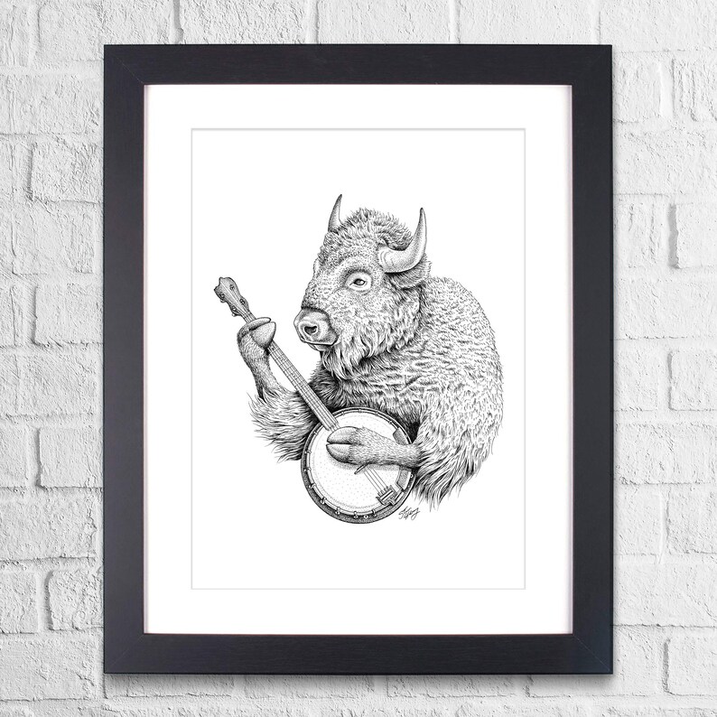 Banjo Bison Pen and Ink Print Funny Animal and Nature Art - Etsy