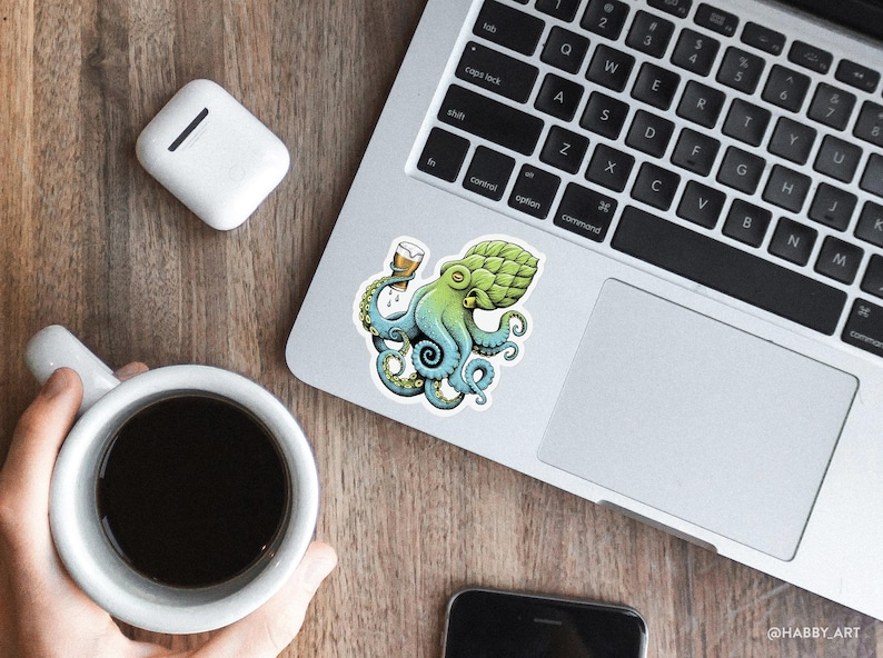 Octopus Drinking Beer Color Vinyl Sticker, Pen and Ink Illustration ...