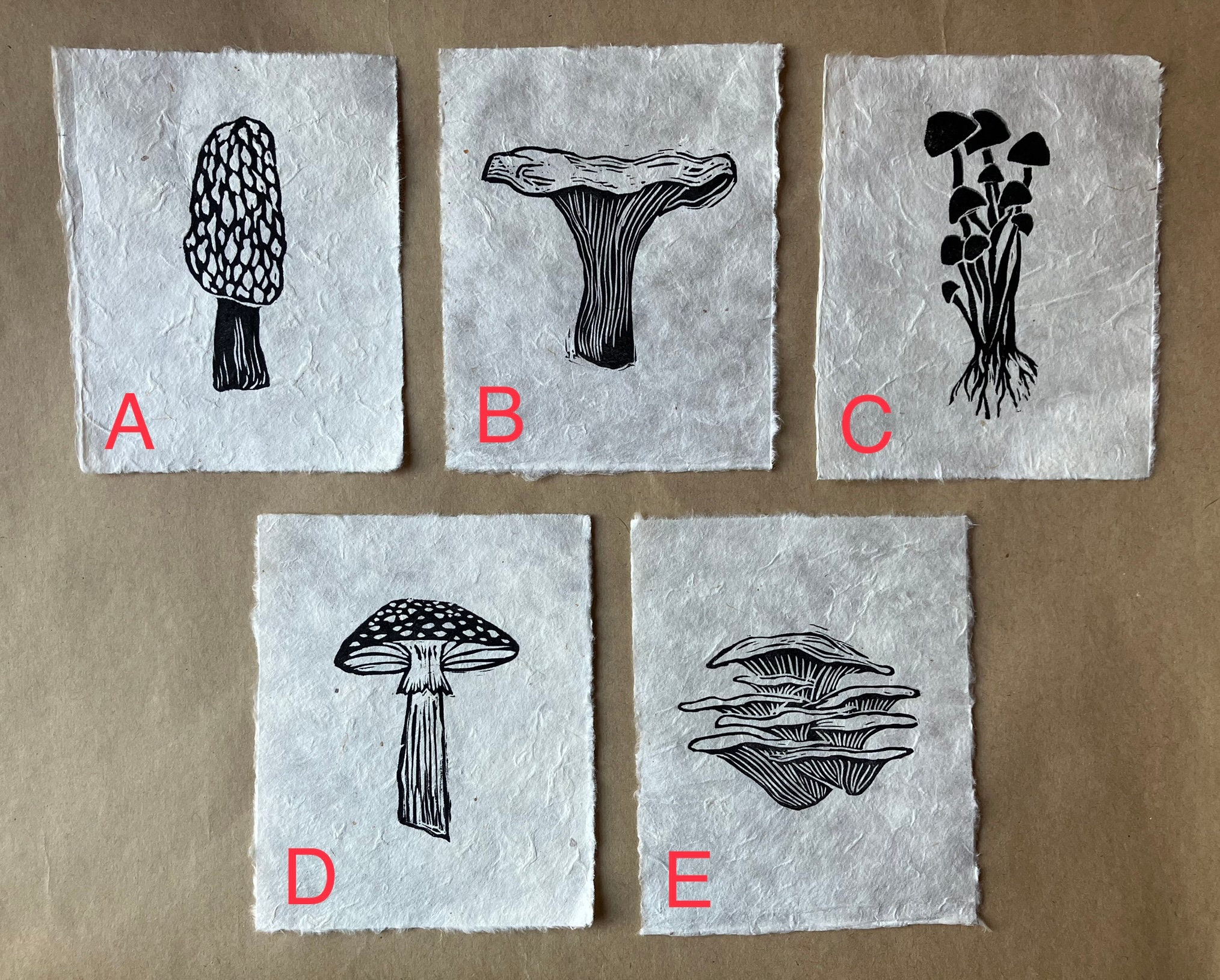 Hand-carved Hand-printed Linocut Mushroom Prints, Block Print Wall Art ...