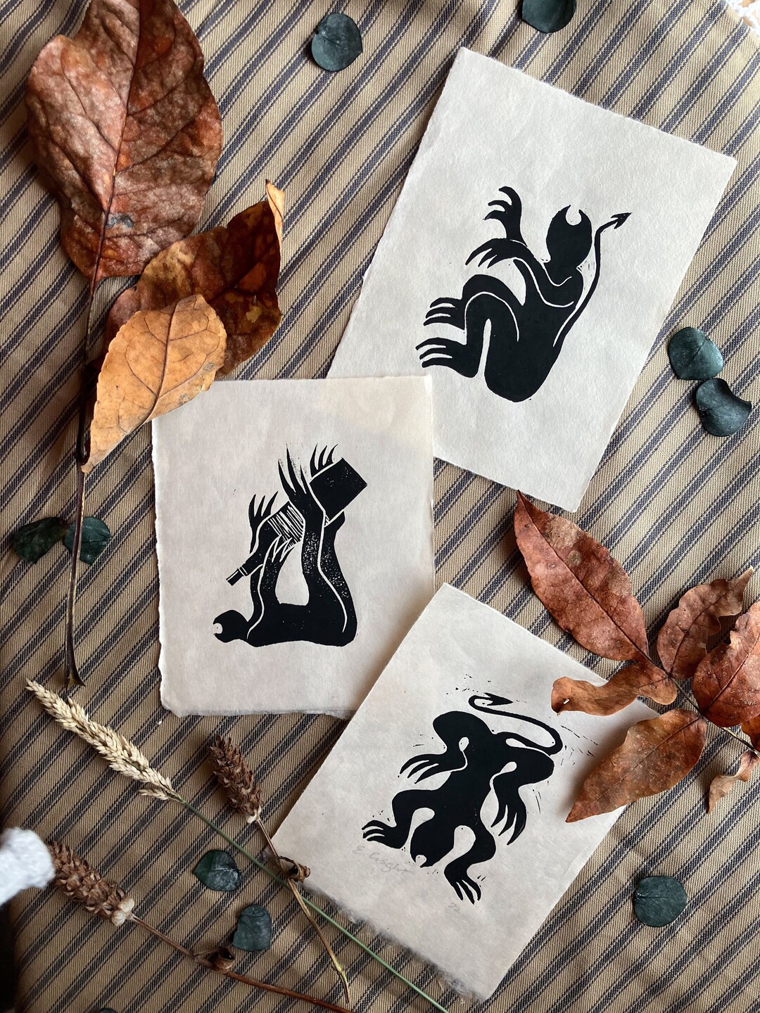 Handmade Linocut Individual Demon Prints on Lokta Paper, Small Wall Art ...