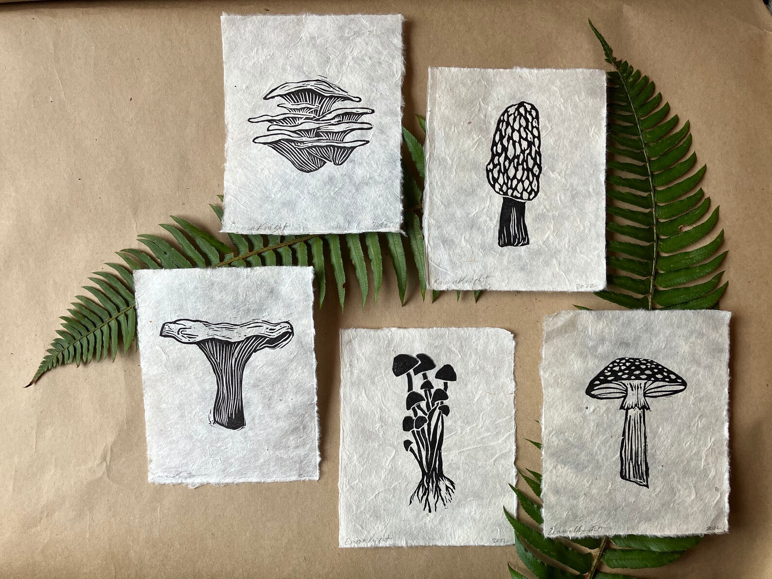 Hand-carved Hand-printed Linocut Mushroom Prints, Block Print Wall Art ...