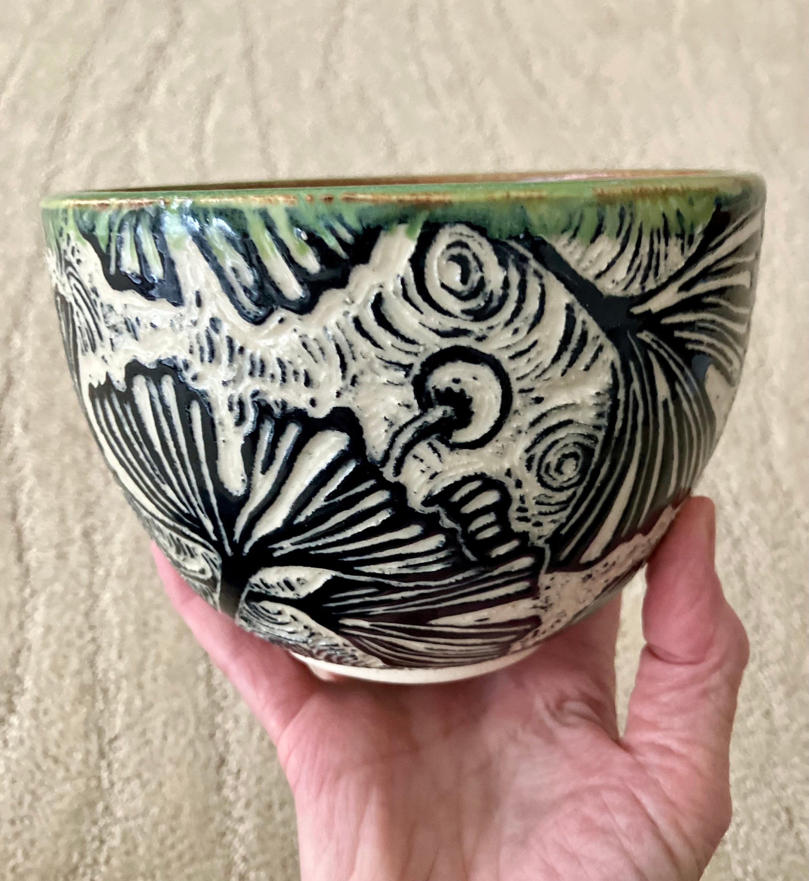 Hand-carved Ginkgo Leaf Stoneware Bowl, Sgraffito Pottery ...
