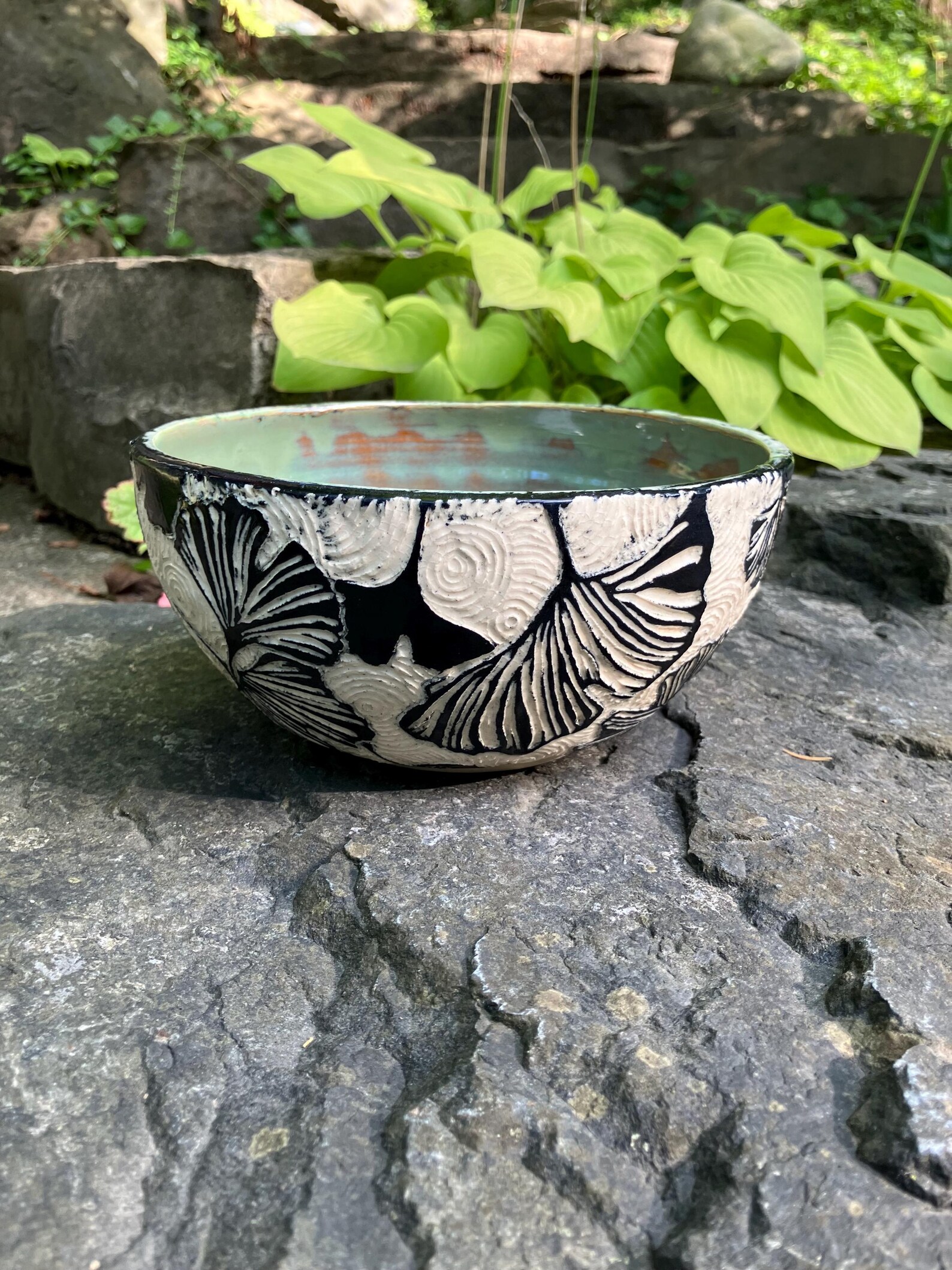 Dramatic Ginkgo Leaf Sgraffito Bowl, White Stoneware, Medium-sized ...