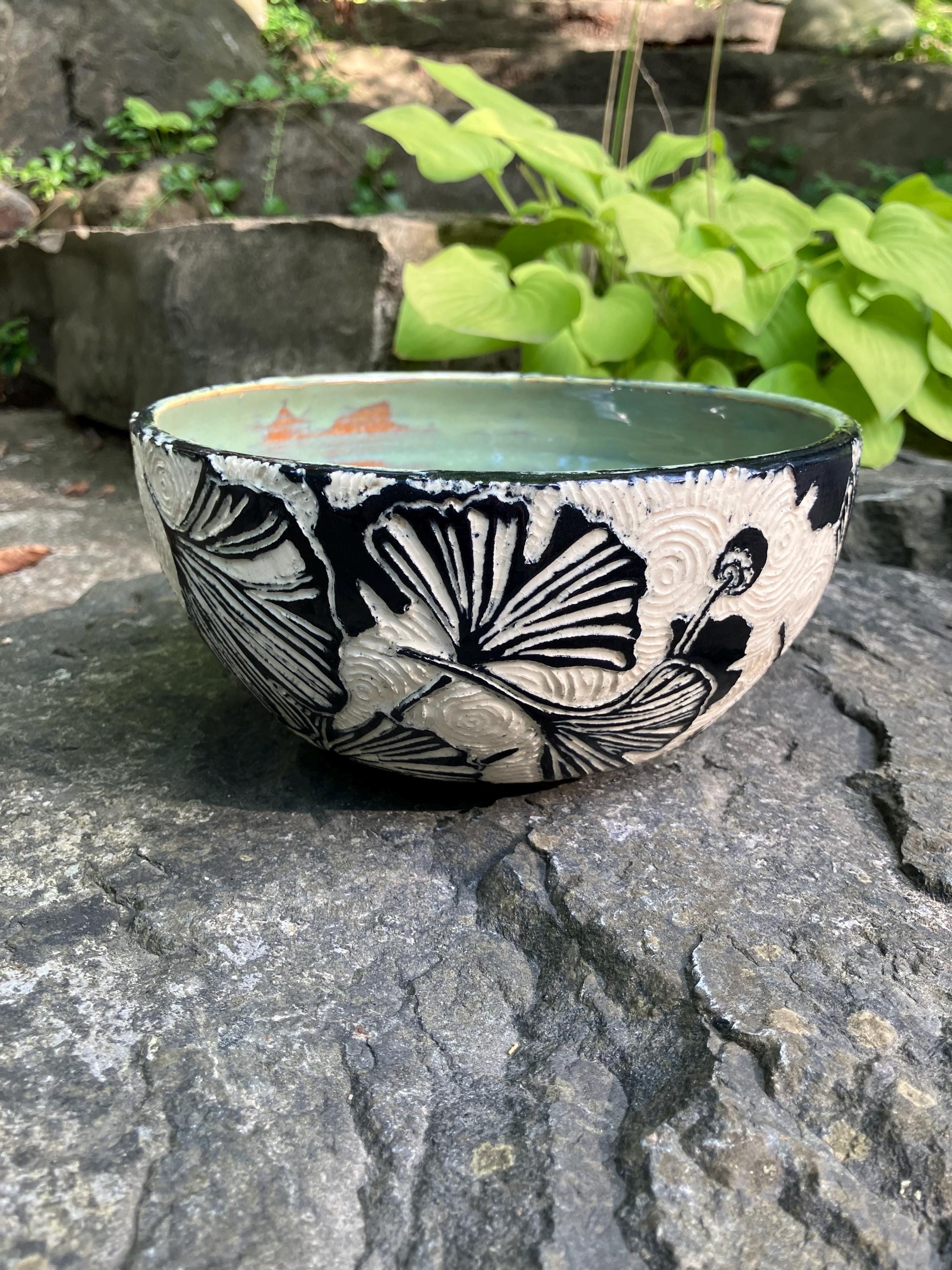 Dramatic Ginkgo Leaf Sgraffito Bowl, White Stoneware, Medium-sized ...