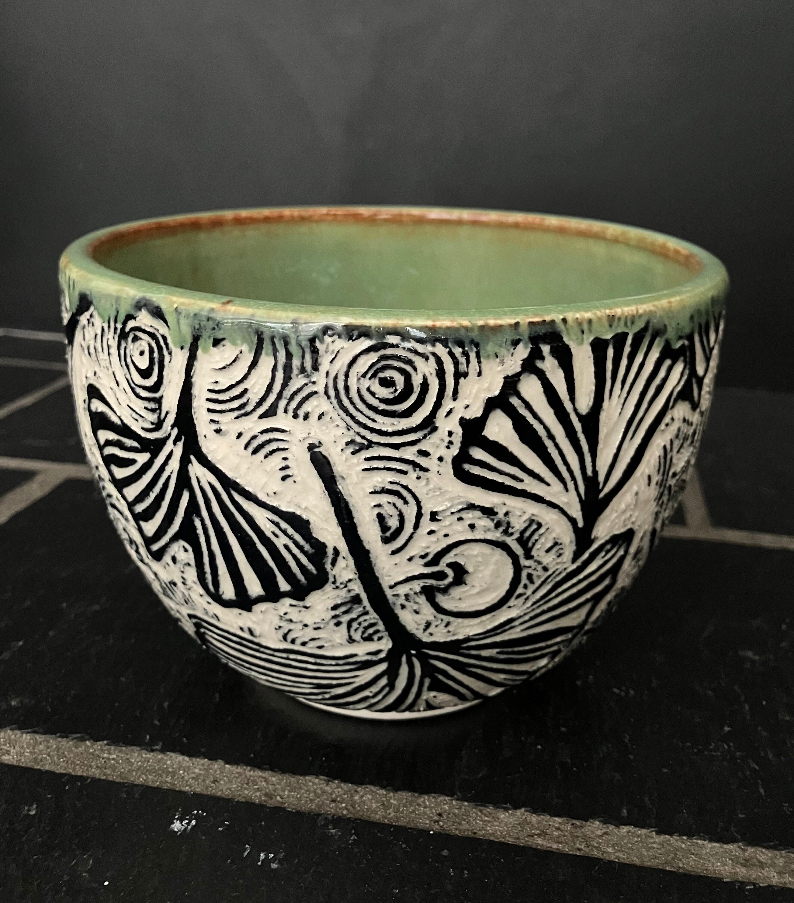 Hand-carved Ginkgo Leaf Stoneware Bowl, Sgraffito Pottery ...