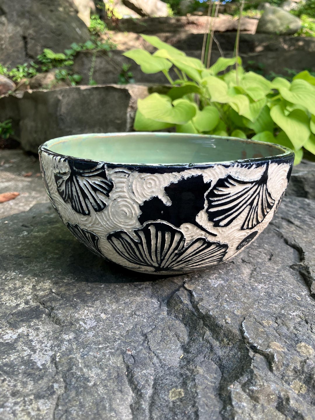 Dramatic Ginkgo Leaf Sgraffito Bowl, White Stoneware, Medium-sized ...