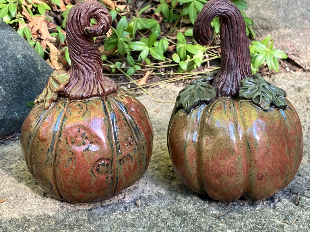 2 Handmade Ceramic Pumpkins, Copper-jade Brown Stoneware Sculptures ...