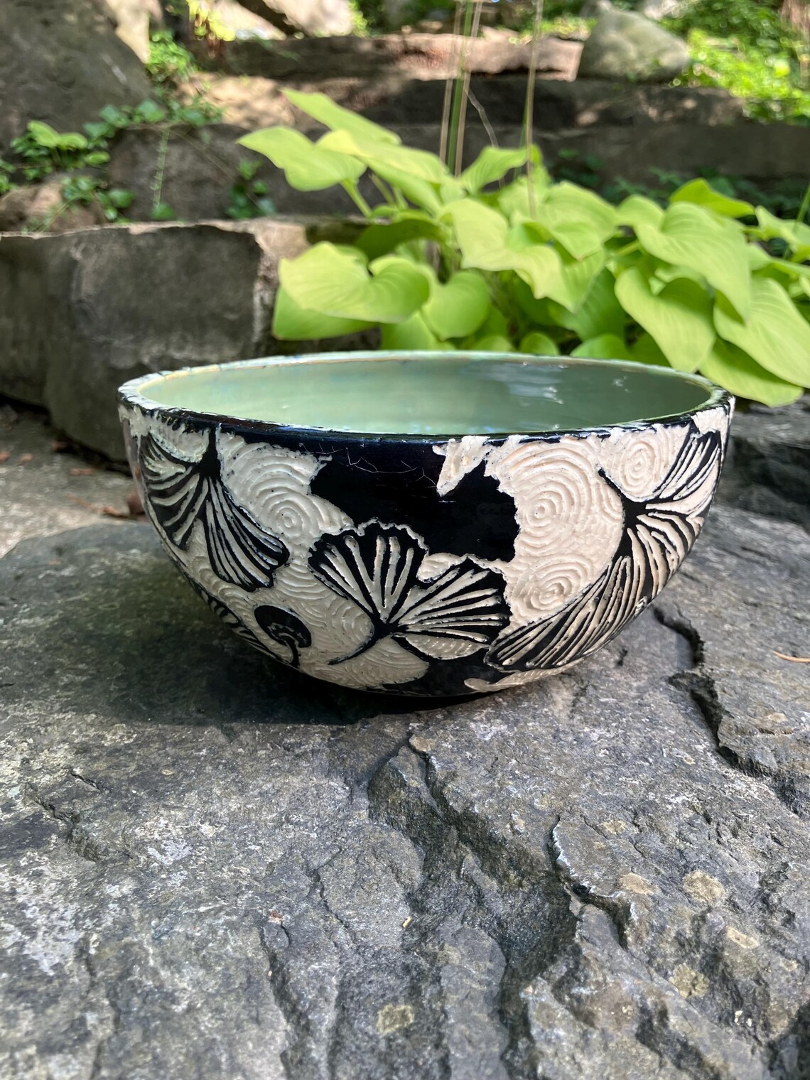 Dramatic Ginkgo Leaf Sgraffito Bowl, White Stoneware, Medium-sized ...