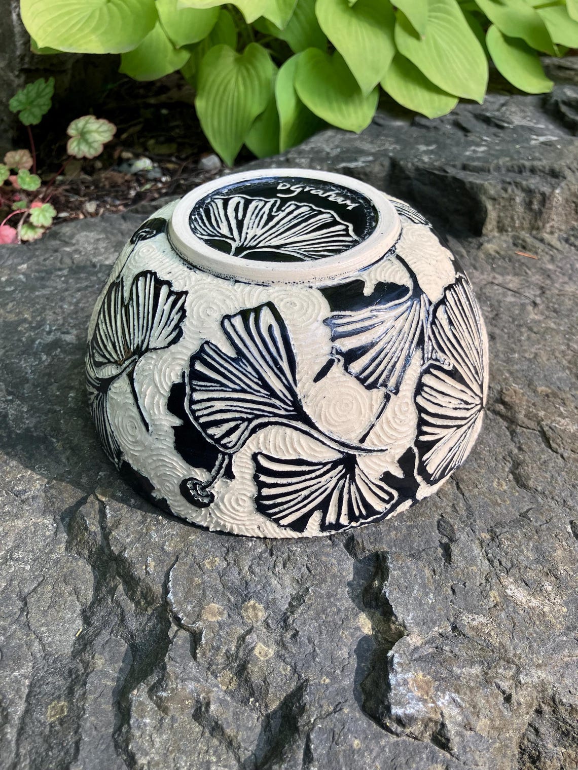 Dramatic Ginkgo Leaf Sgraffito Bowl, White Stoneware, Medium-sized ...