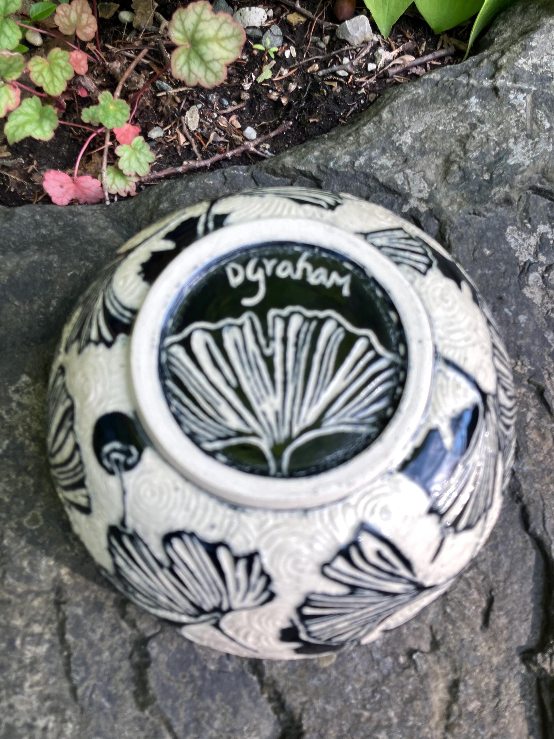Dramatic Ginkgo Leaf Sgraffito Bowl, White Stoneware, Medium-sized ...