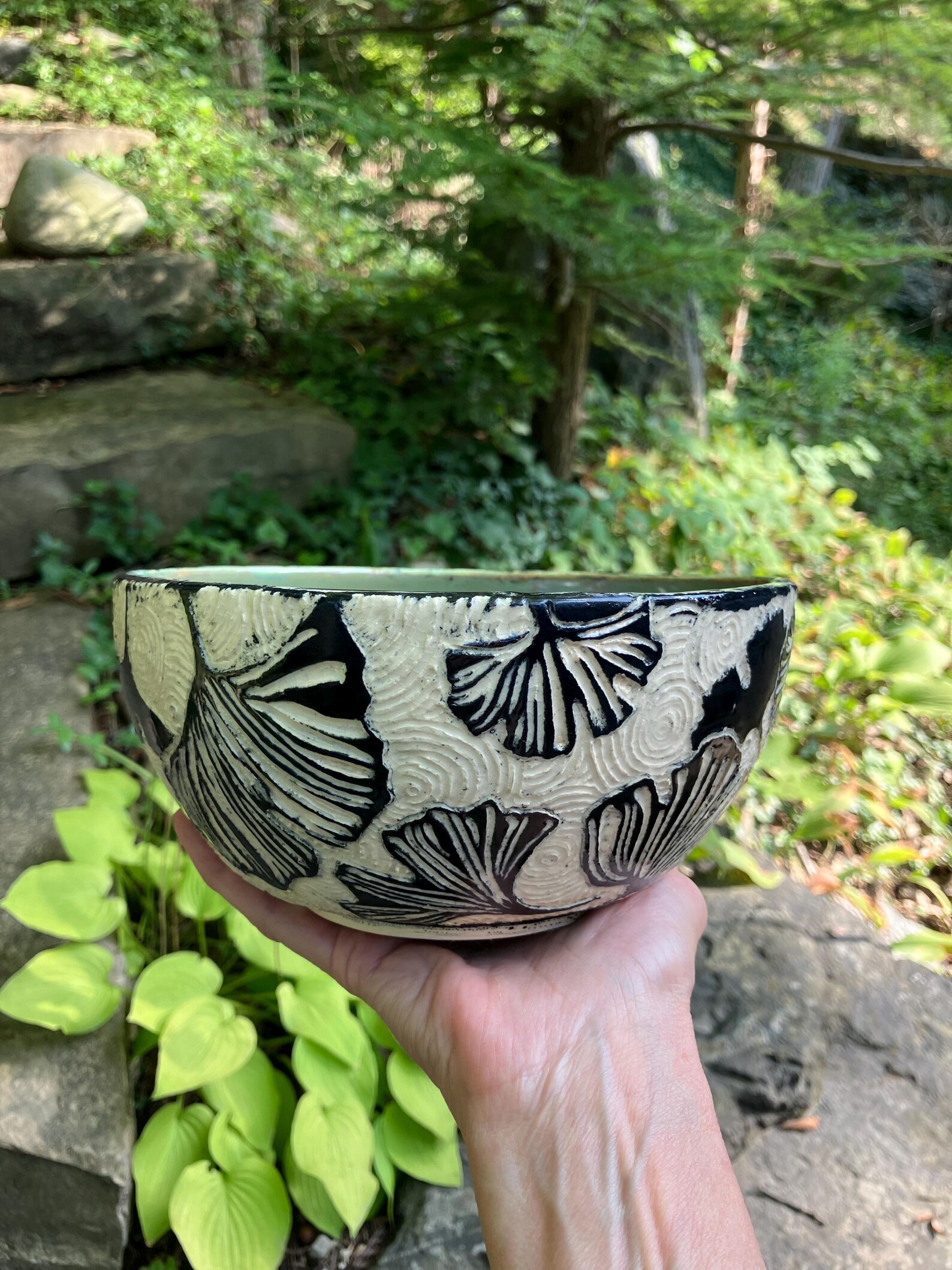Dramatic Ginkgo Leaf Sgraffito Bowl, White Stoneware, Medium-sized ...