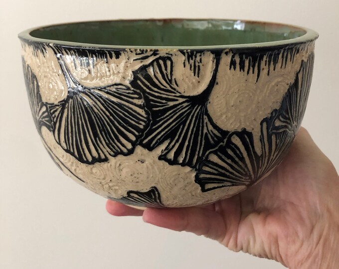 Beautiful Ginkgo Leaf Sgraffito Bowl, White Stoneware, Medium Sized ...