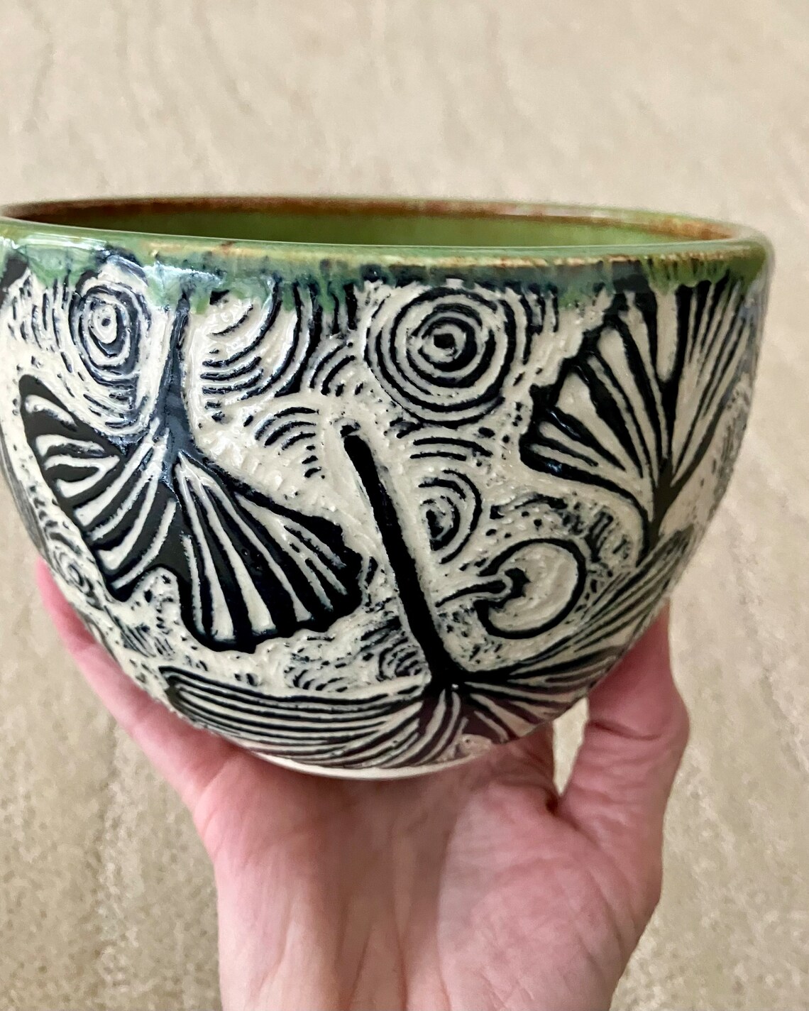 Hand-carved Ginkgo Leaf Stoneware Bowl, Sgraffito Pottery ...