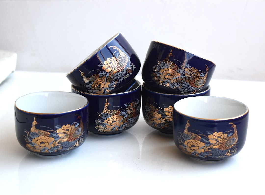 Vintage Set of 6 Japanese Sake Porcelain Cups Cobalt Blue Peacock Bird ...