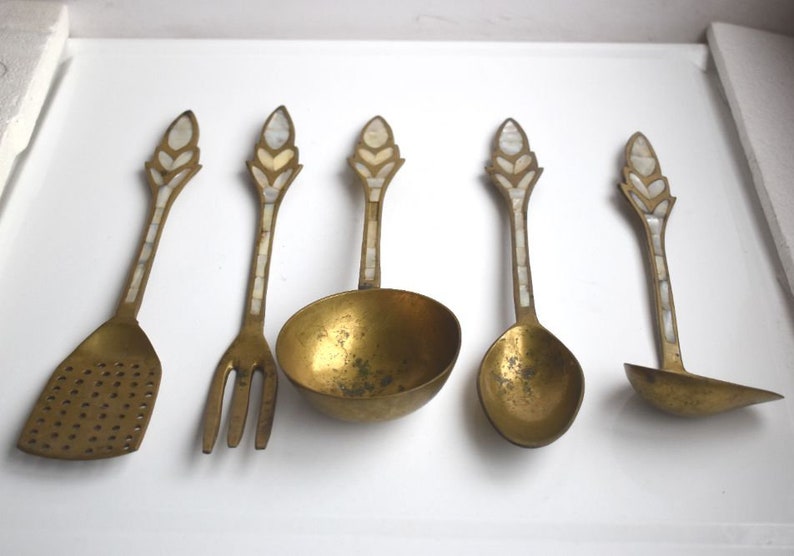 Vintage Set of 5 Solid Brass Mother of Pearl Cooking Frying Serving ...