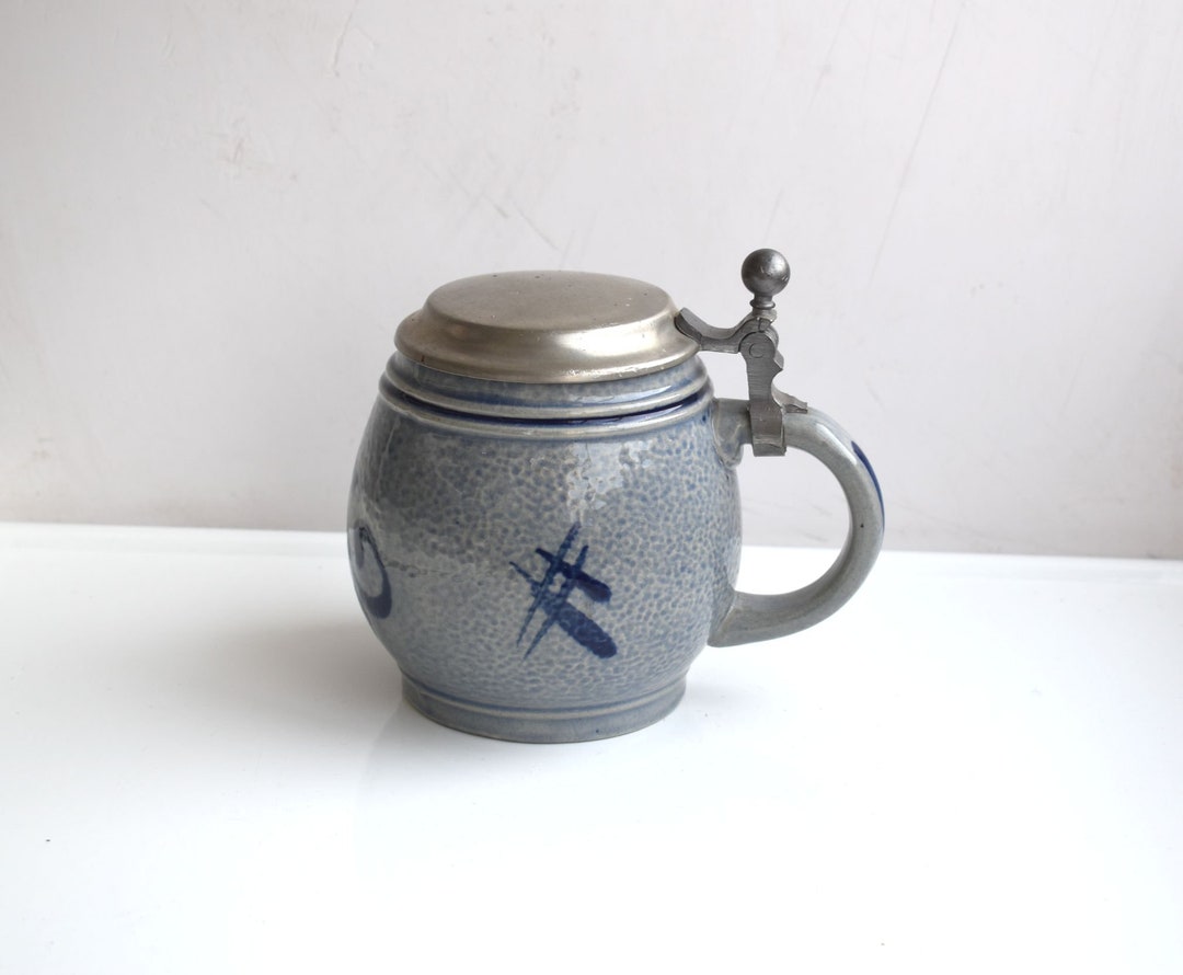Vintage Marzi Remy Stoneware Ceramic Beer Stein Mug Pewter Lid Gray ...
