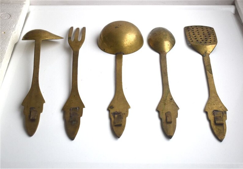 Vintage Set of 5 Solid Brass Mother of Pearl Cooking Frying Serving ...