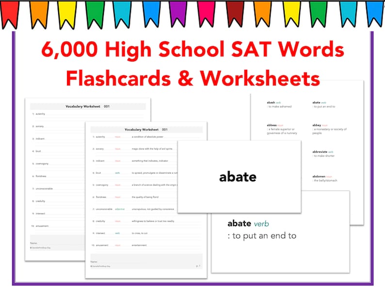 6,000 High School SAT Vocabulary Words: Worksheets and Flashcards - Etsy