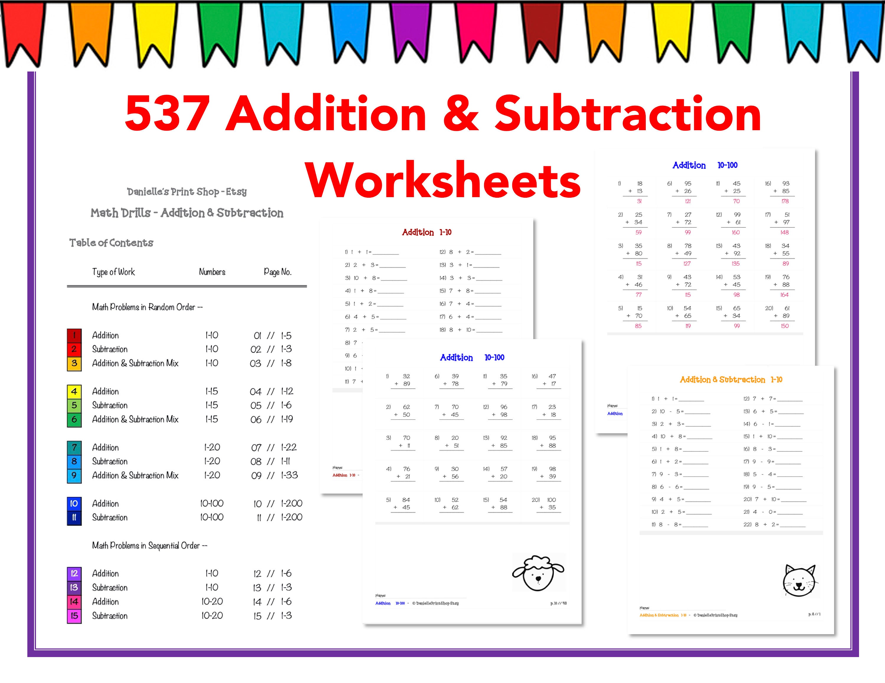537 Math Drills - Addition and Subtraction Worksheets - Etsy