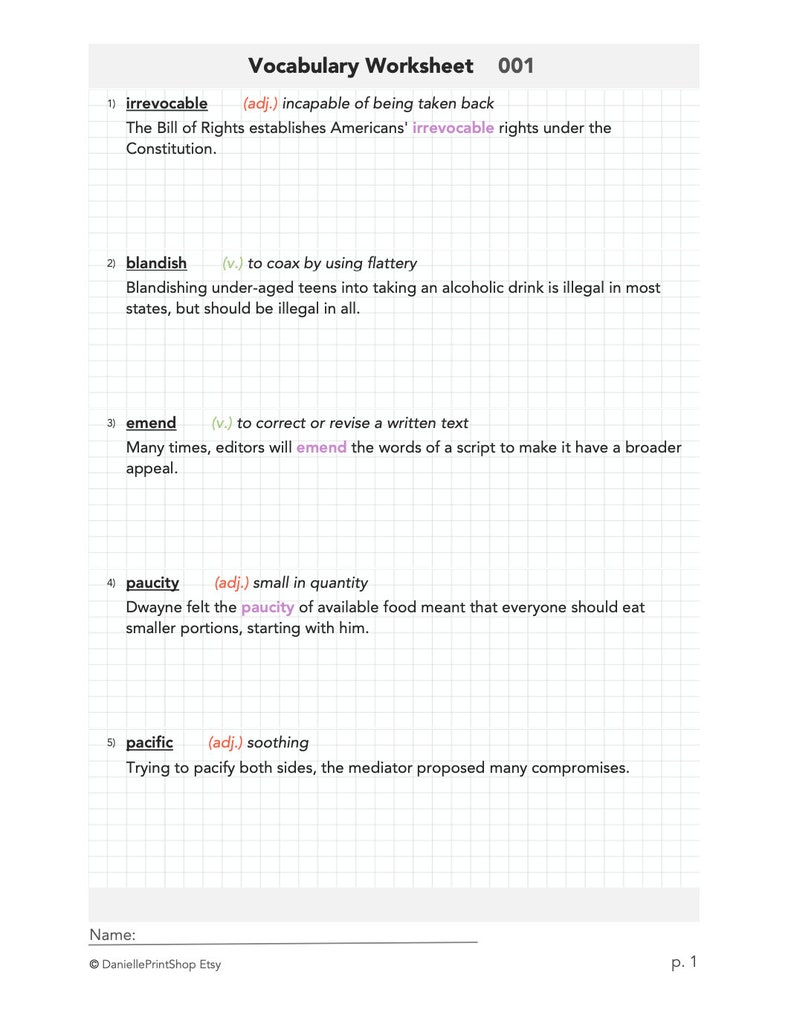 1,000 High School SAT Vocabulary Words: Worksheets and Flashcards - Etsy