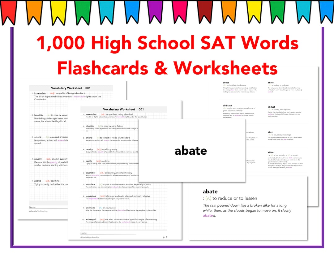 1,000 High School SAT Vocabulary Words: Worksheets and Flashcards - Etsy