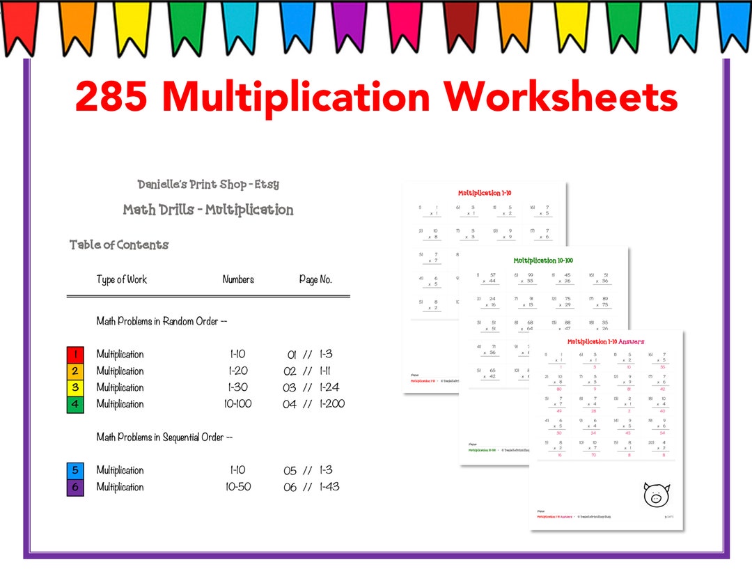 285 Math Drills - Multiplication Worksheets (with Answers) - Etsy