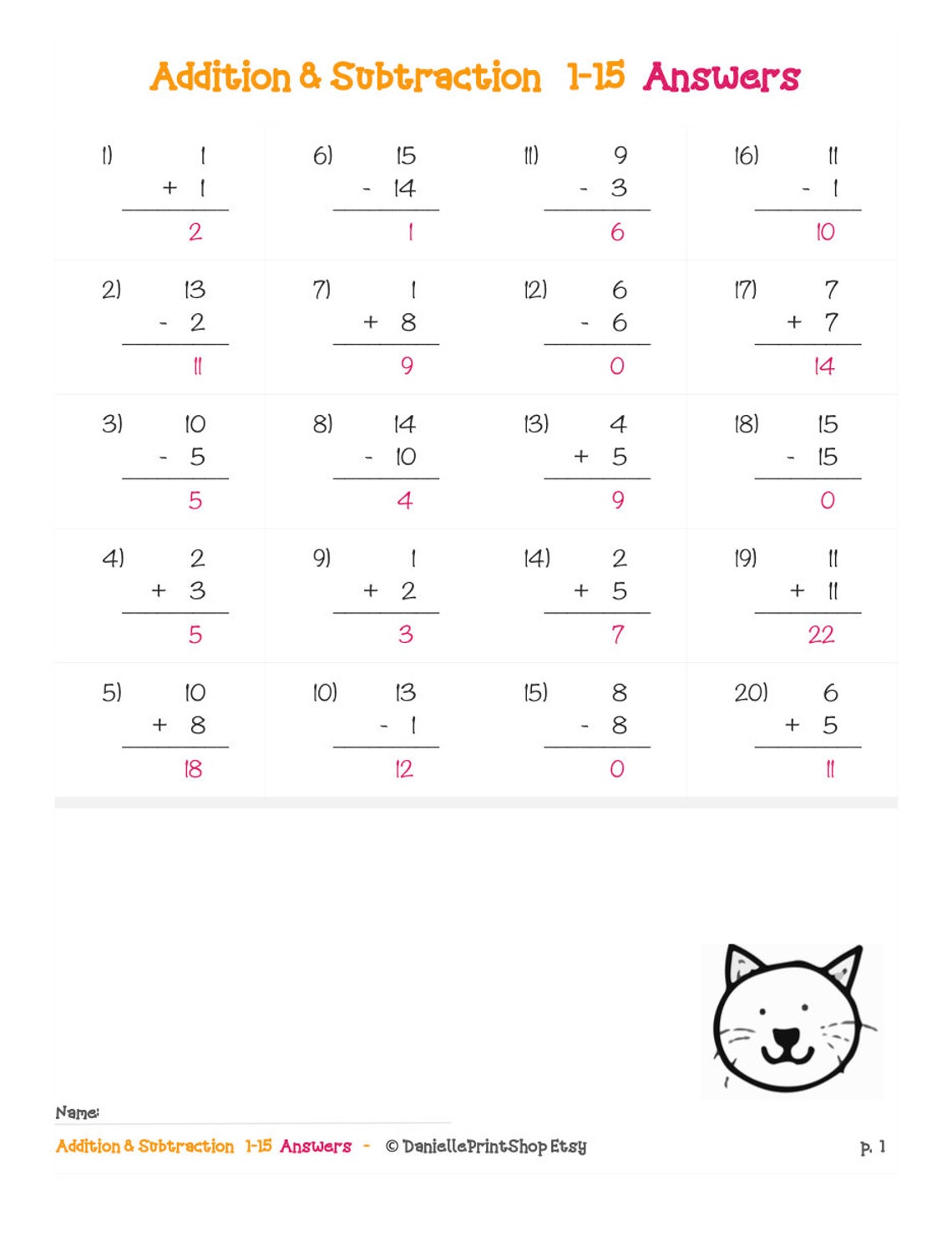 1-15 Addition and Subtraction Practice - Worksheets & Flashcards - Etsy