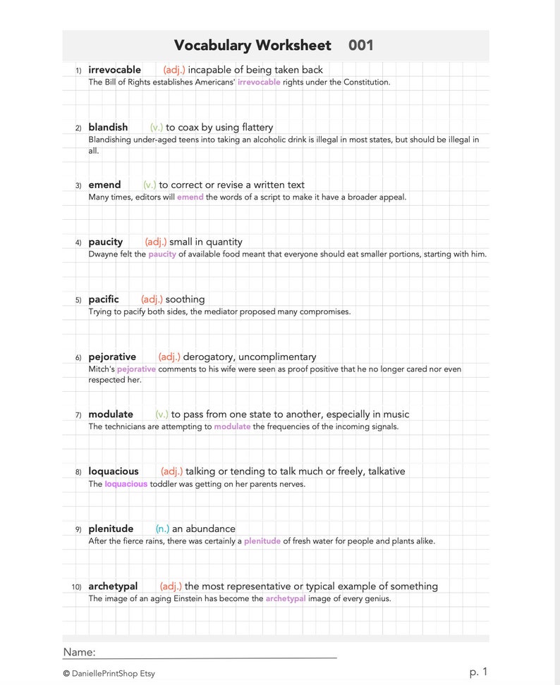 1,000 High School SAT Vocabulary Words: Worksheets and Flashcards - Etsy