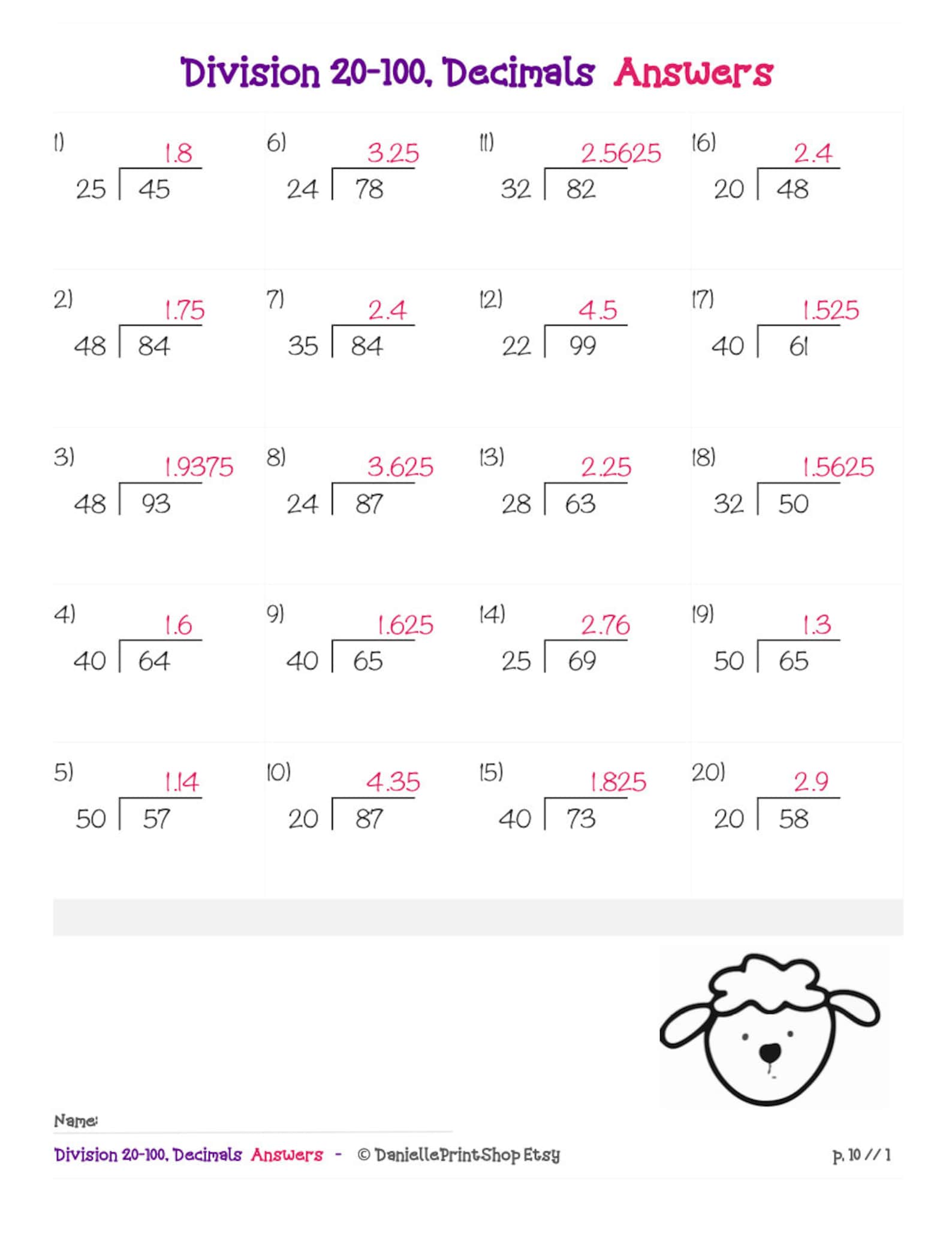 135 Math Drills - Division Worksheets (with Answers) - Etsy