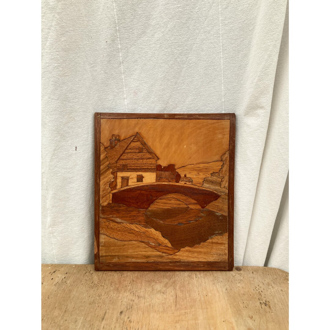 Antique Woodcut Scene Vintage Wood Veneer Landscape Wooden - Etsy