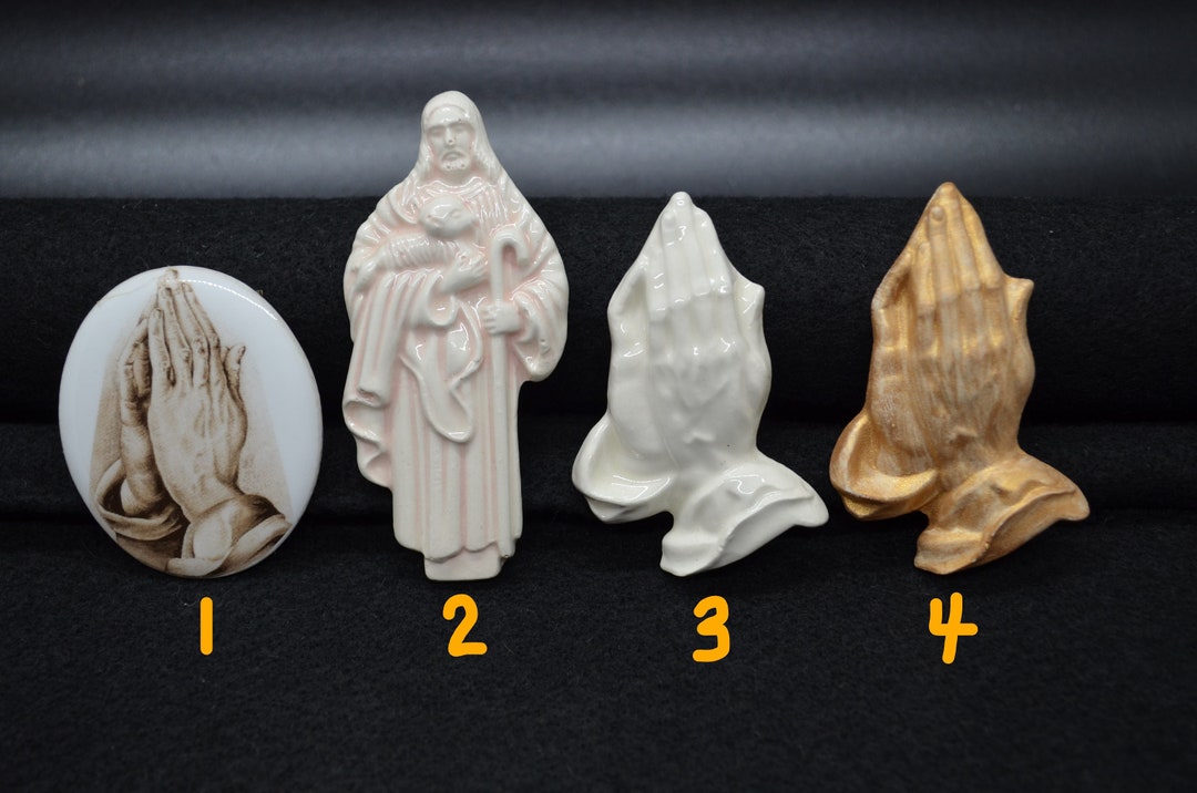 Religious Ceramic Pins, Praying Hands, Jesus. Various Styles and Colors ...
