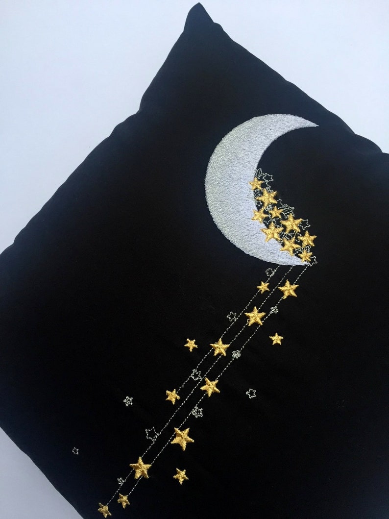 Crescent Moon Embroidery Stars Celestial Pillowcase Black | Etsy