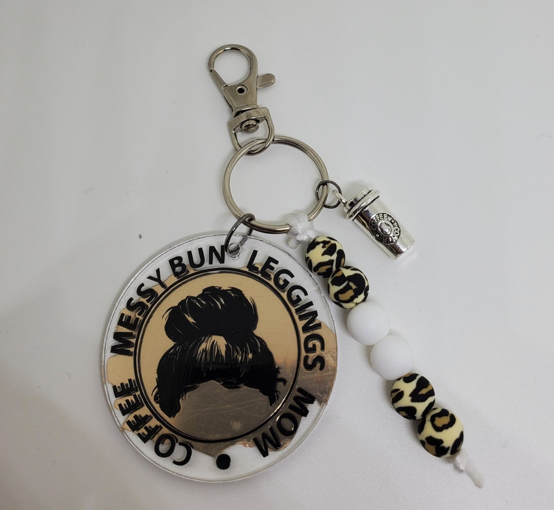 Coffee, Messy Bun, Leggings, Mom Keychain, Leopard Print Bead Keychain ...