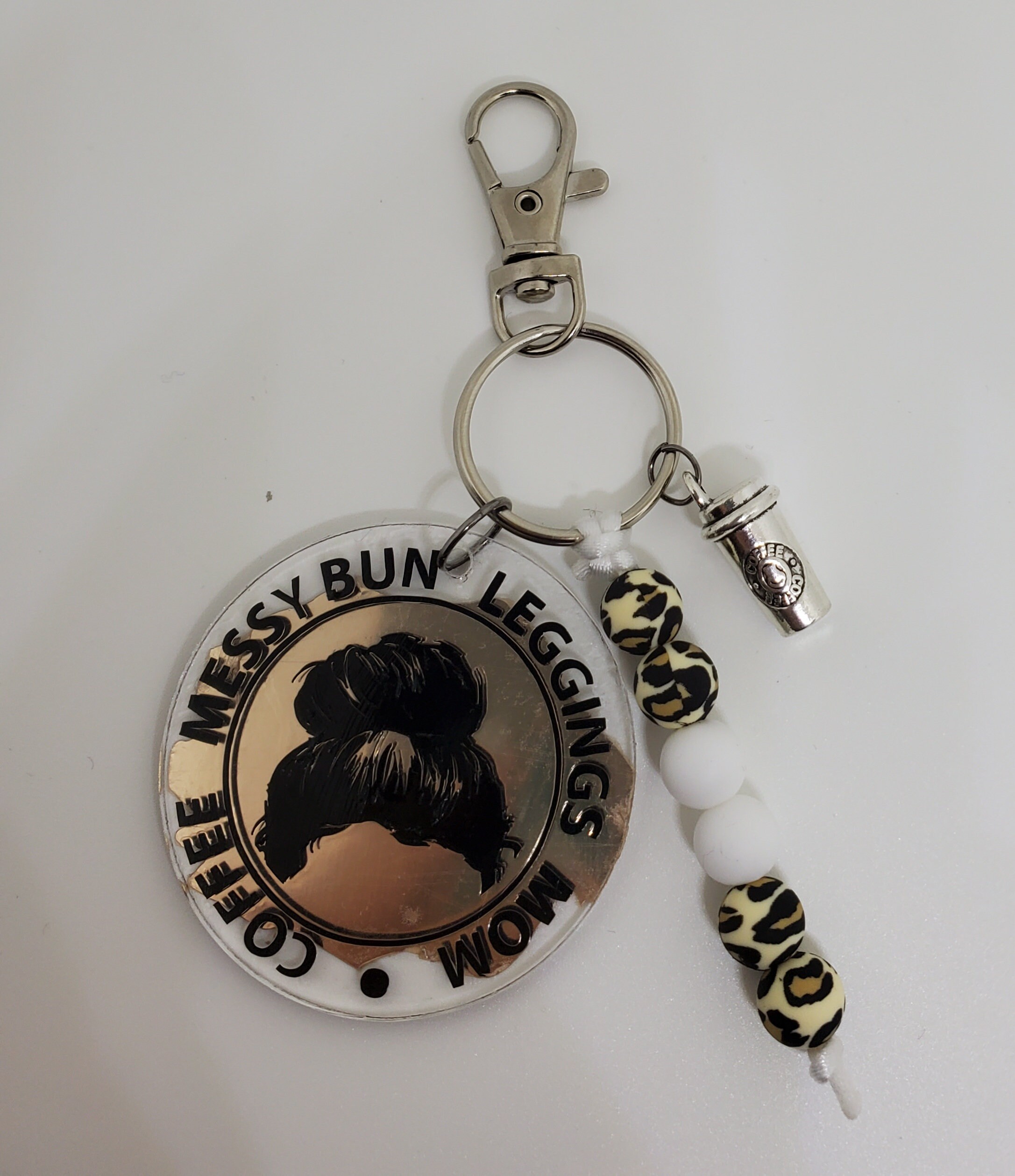 Coffee, Messy Bun, Leggings, Mom Keychain, Leopard Print Bead Keychain ...