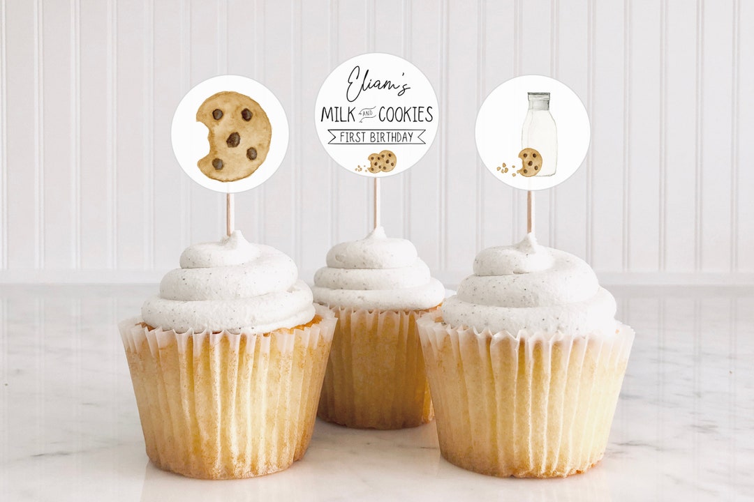 Customizable Cupcake Toppers, Milk and Cookies Birthday, Sweet Cupcake ...