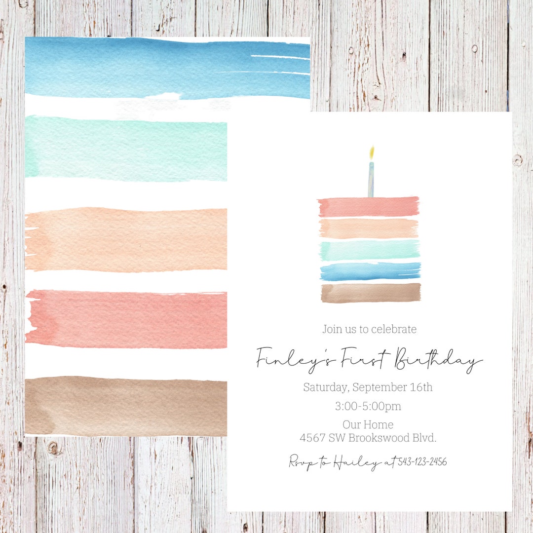 Customizable Cake Birthday Invitation, Watercolor Invitation, Simple ...