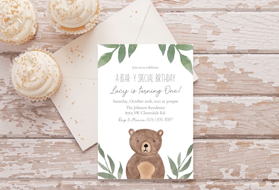 Customizable Bear Birthday Invitation Beary First Birthday - Etsy