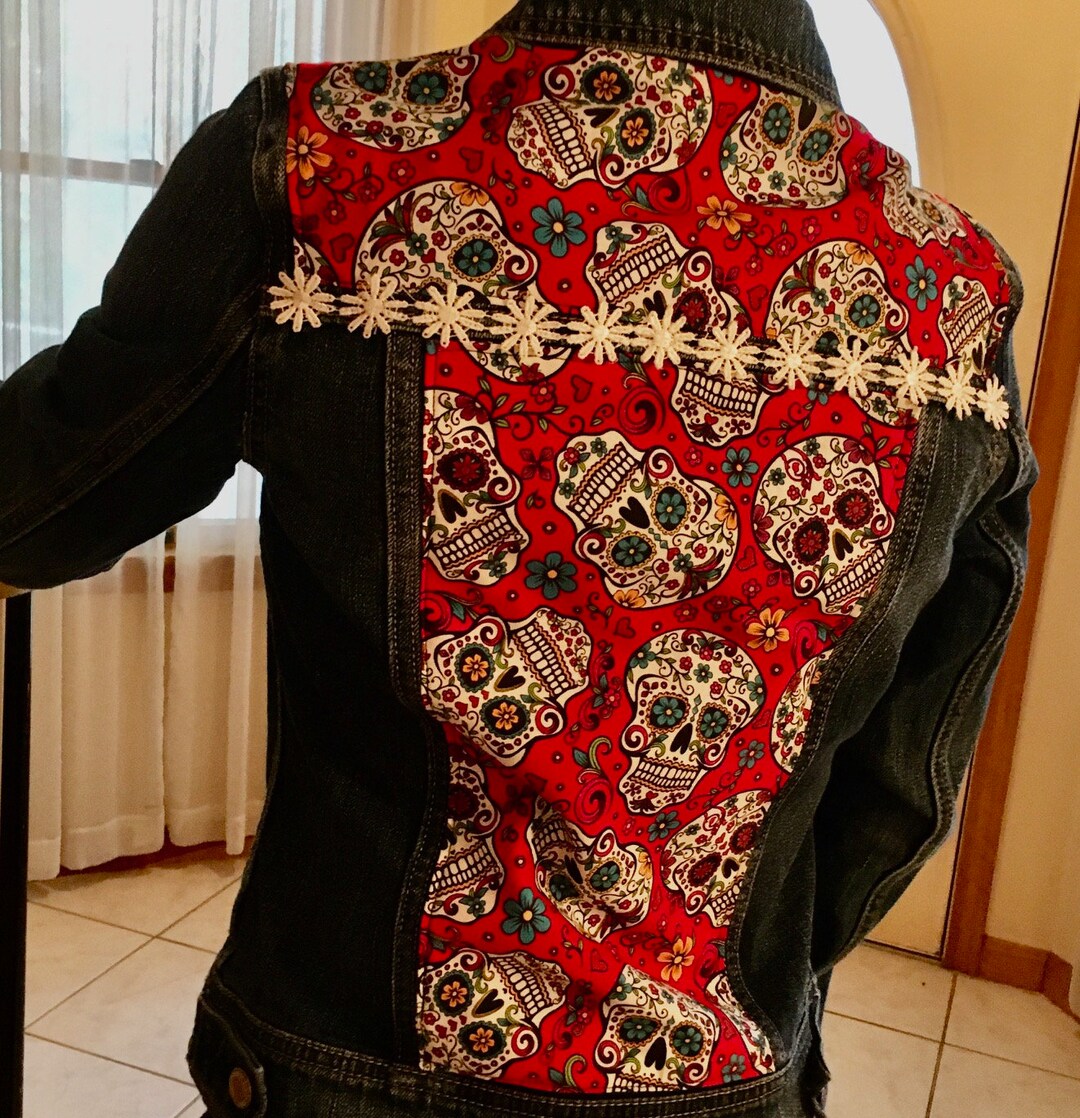 Upcycled Womens Denim Jean Jacket With Sugar Skull Detail - Etsy