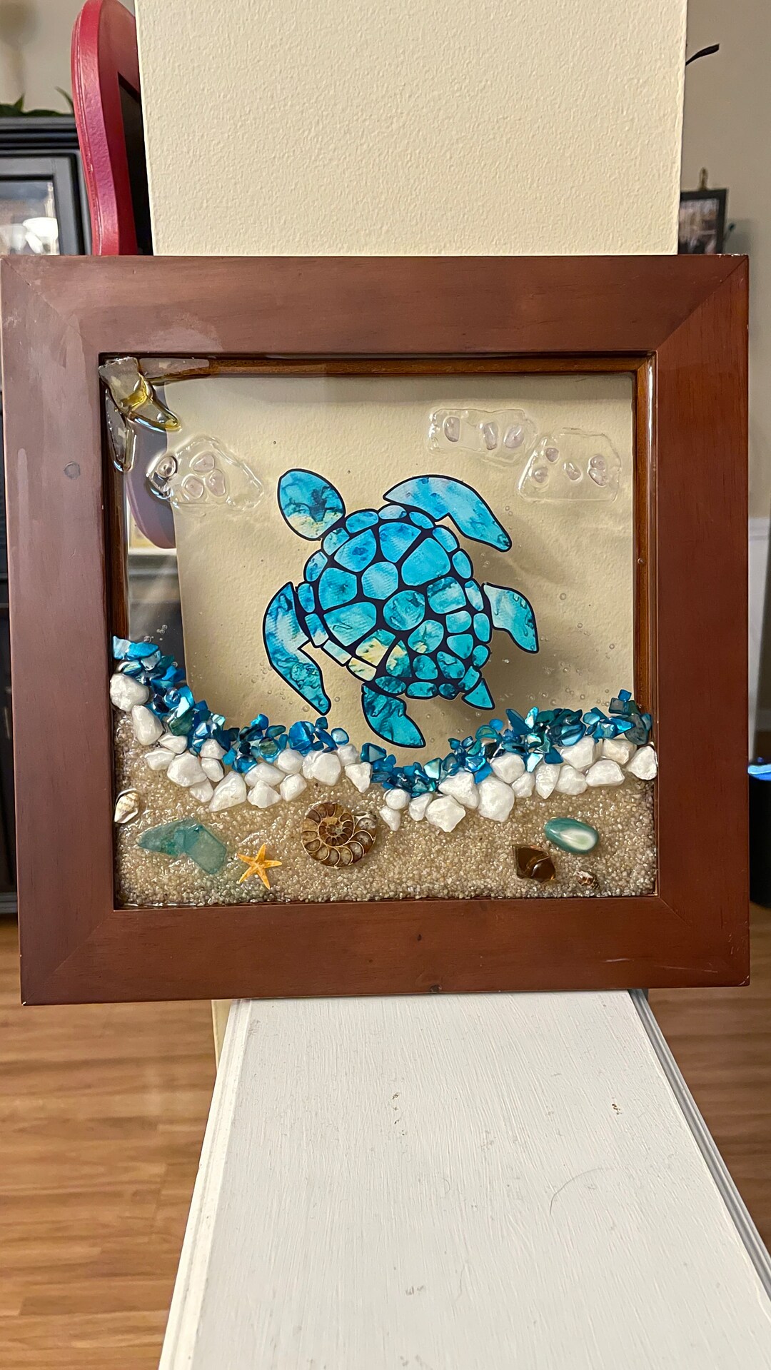 Handmade Framed Resin Multimedia Sea Turtle Beach Theme Wall Hanging ...