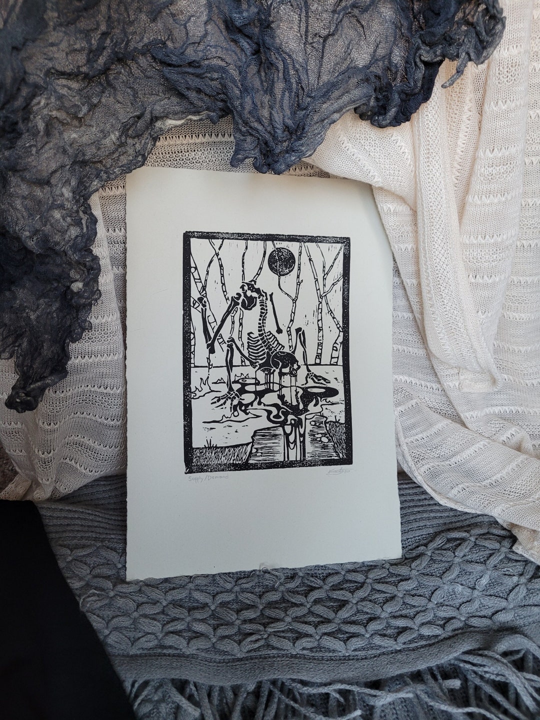 Supply/demand - Linocut Print. | Skeleton Print, Climate Crisis ...