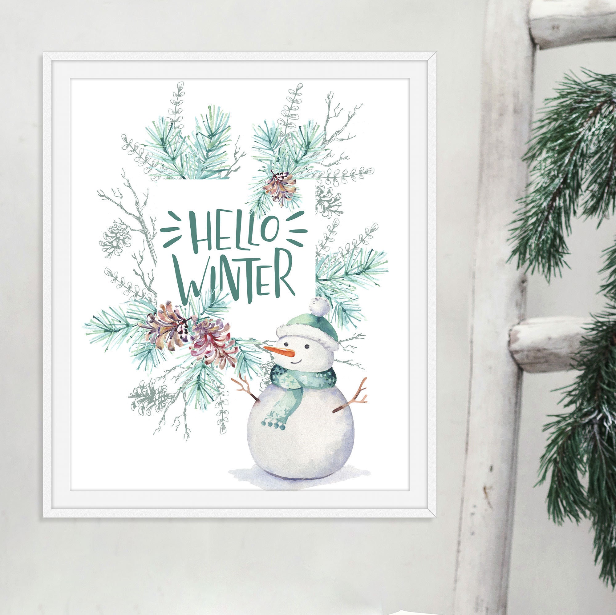 Hello Winter Snowman Pine and Snow Home Decor DIGITAL PRINTABLE ...