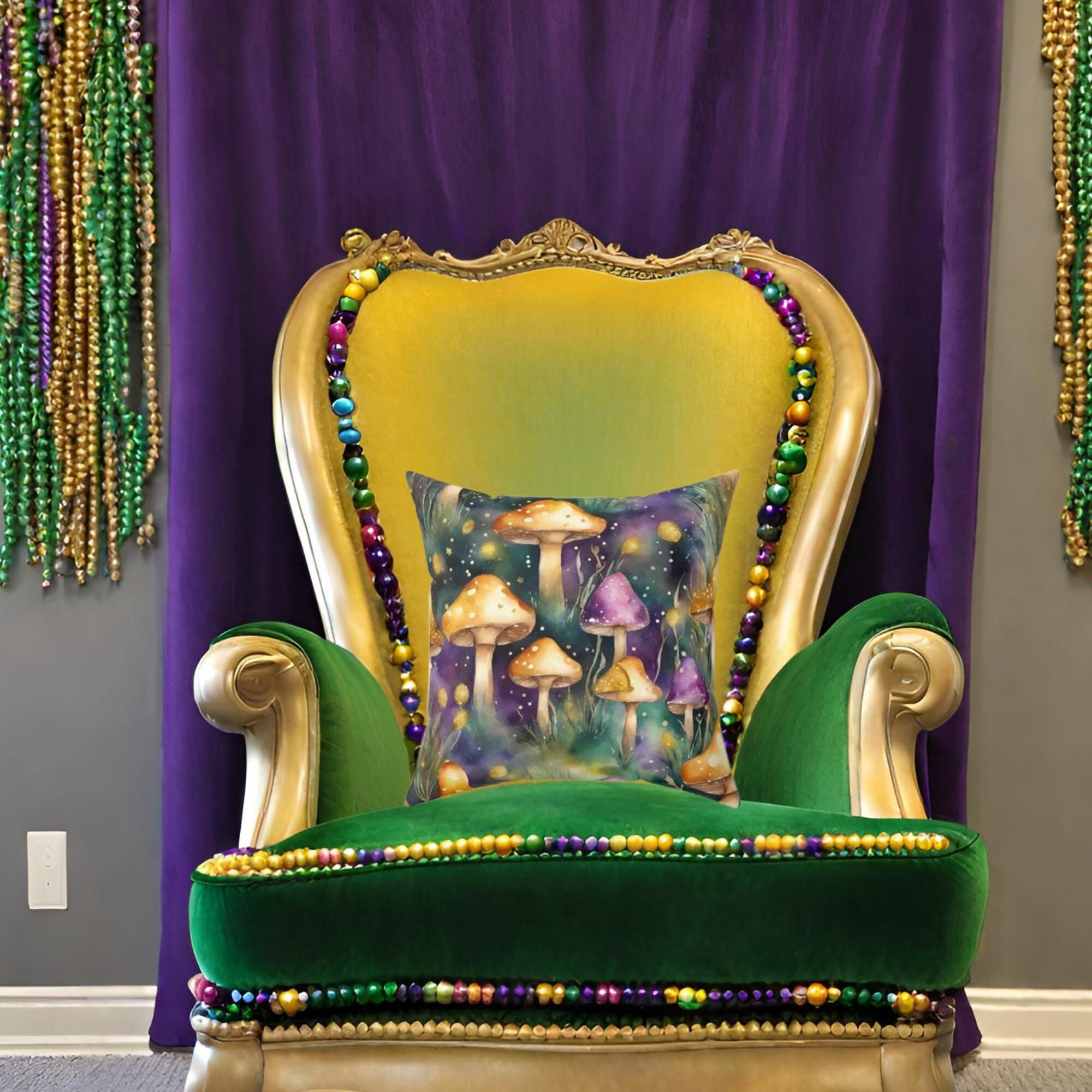 Mushroom Pillow Mardi Gras Throw Pillow, Mardi Gras Mushroom Spun ...