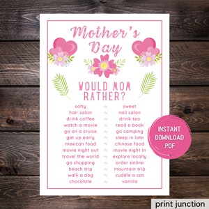 Printable Mothers Day Games, Would She Rather, Would Mom Rather ...