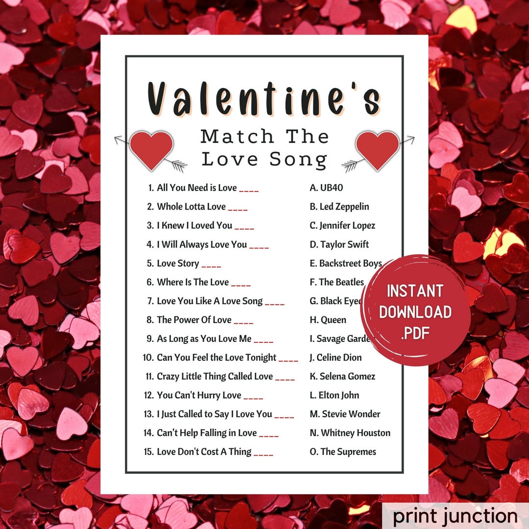 Valentines Day Games, Valentine Party Printable, Match the Love Song ...