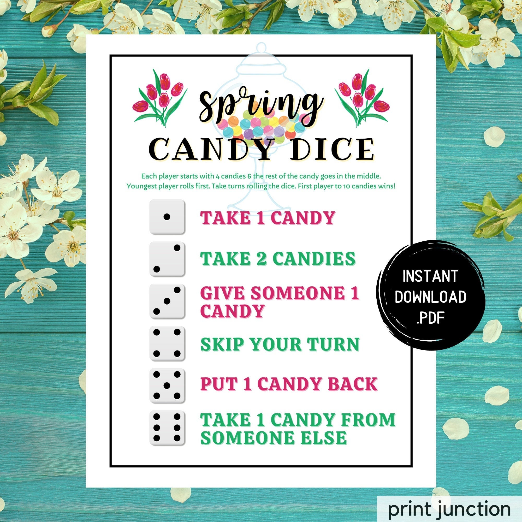 Candy Dice Game, Spring Game, Printable Spring Family Game, Spring Kids ...