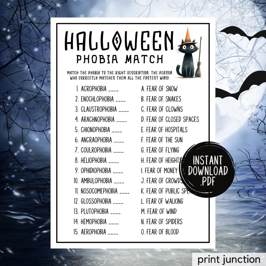 Halloween Trivia Game, Printable Halloween Party Games, Phobia Match ...