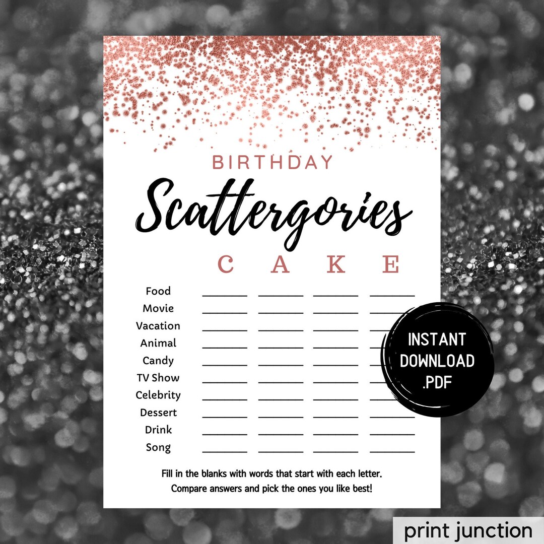 Rose Gold Birthday Scattergories Game - Rose Gold Birthday Party Games ...