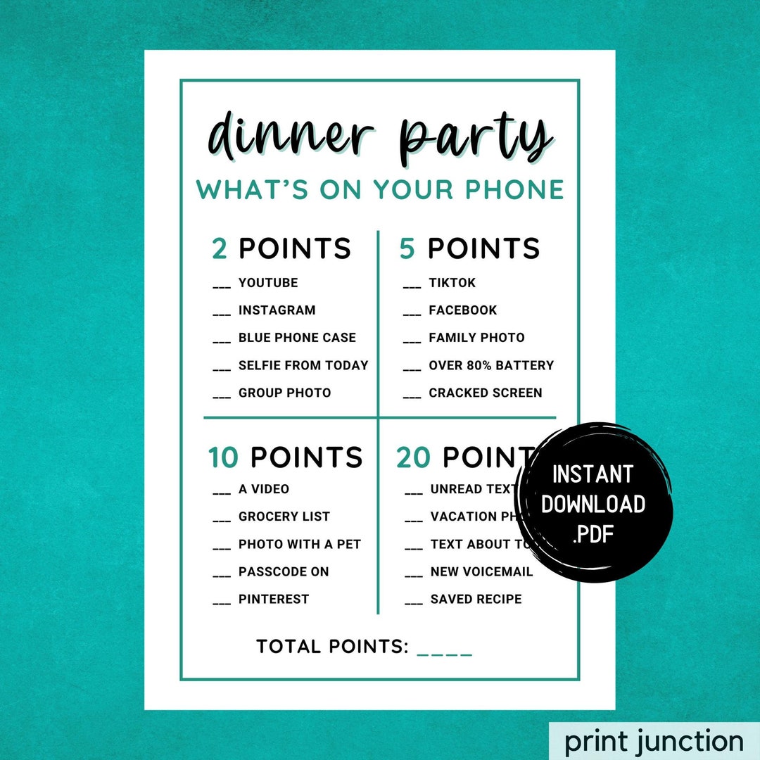 Dinner Party Game, Printable Dinner Party Games, What's on Your Phone ...